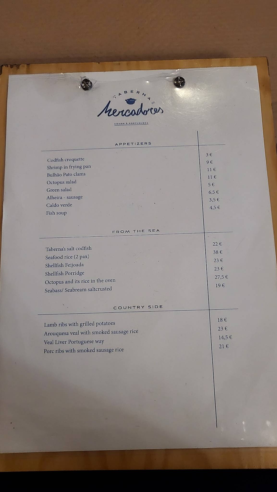 Menu at Taberna Dos Mercadores restaurant, Porto