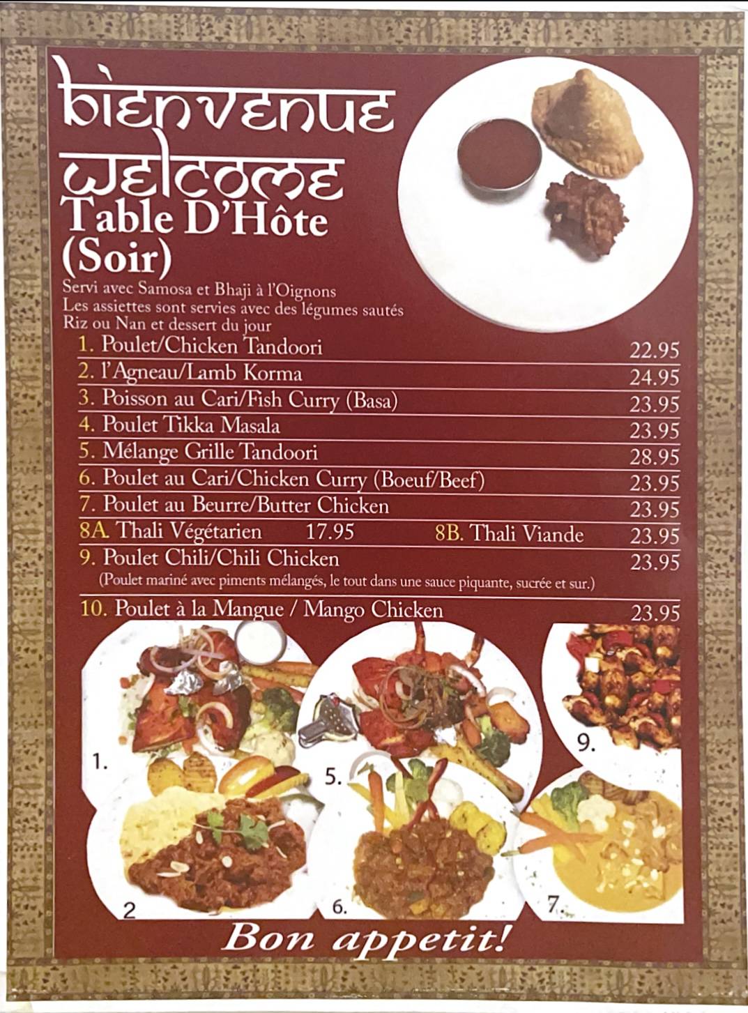 Menu at Tabla Village Indian Restaurant, Montréal