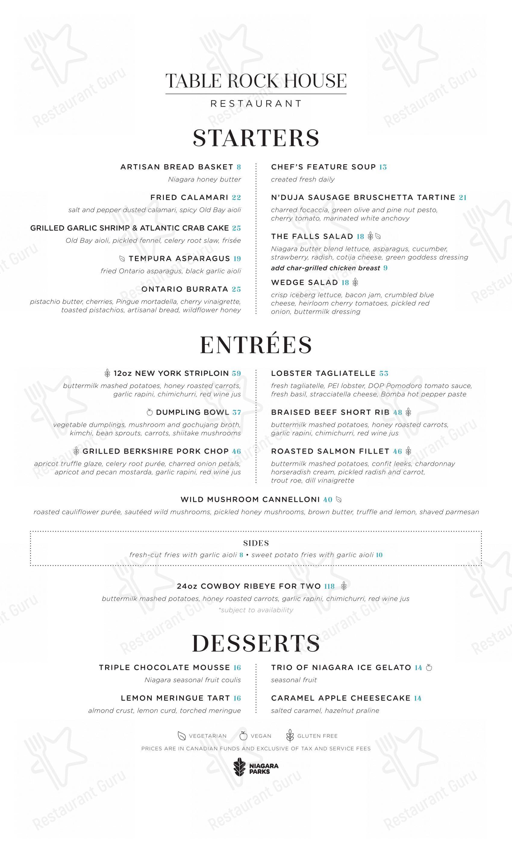 Menu at Table Rock House Restaurant, Niagara Falls
