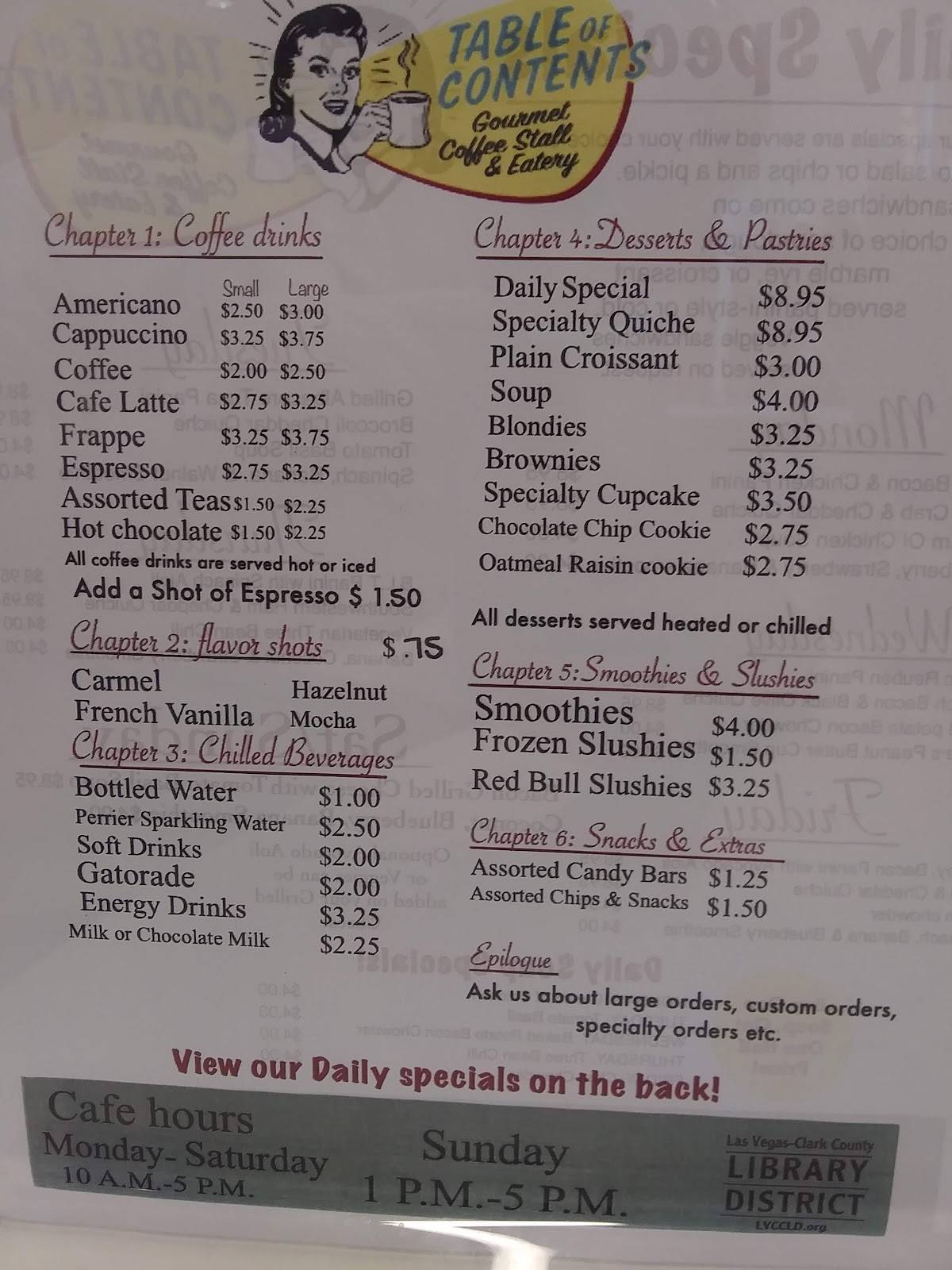Menu at Table of Contents cafe, Mesquite