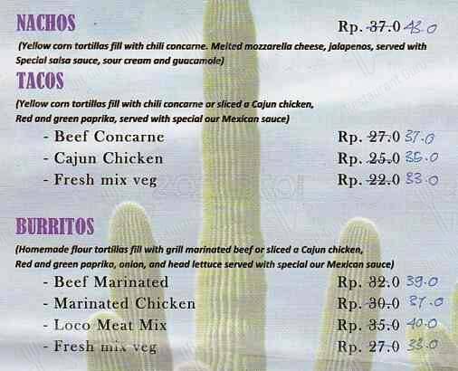 Menu at Taco Express restaurant, Jakarta, Jl. Benda Raya No. 10