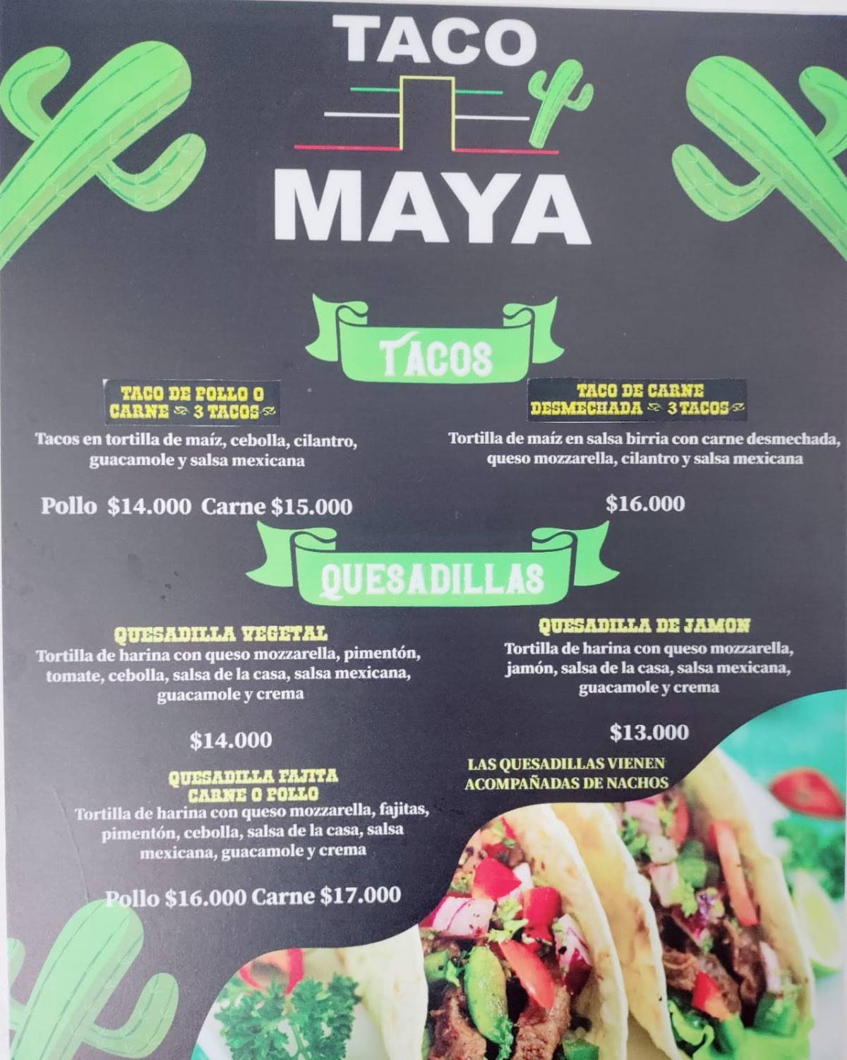 Menu at Taco Maya restaurant, Rionegro
