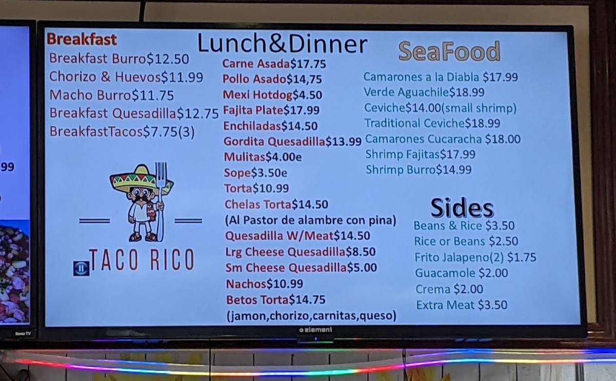 Menu at Taco Rico restaurant, Bremerton