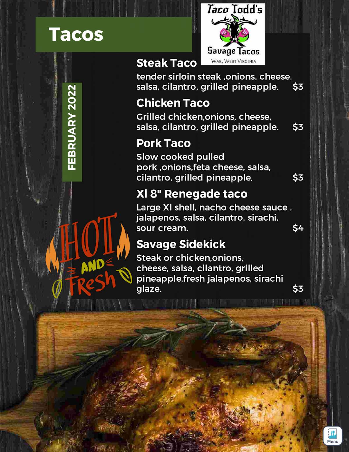 Menu at Chef Taco Todd @ T.O.P. Tabernacle of Praise inc. restaurant, War