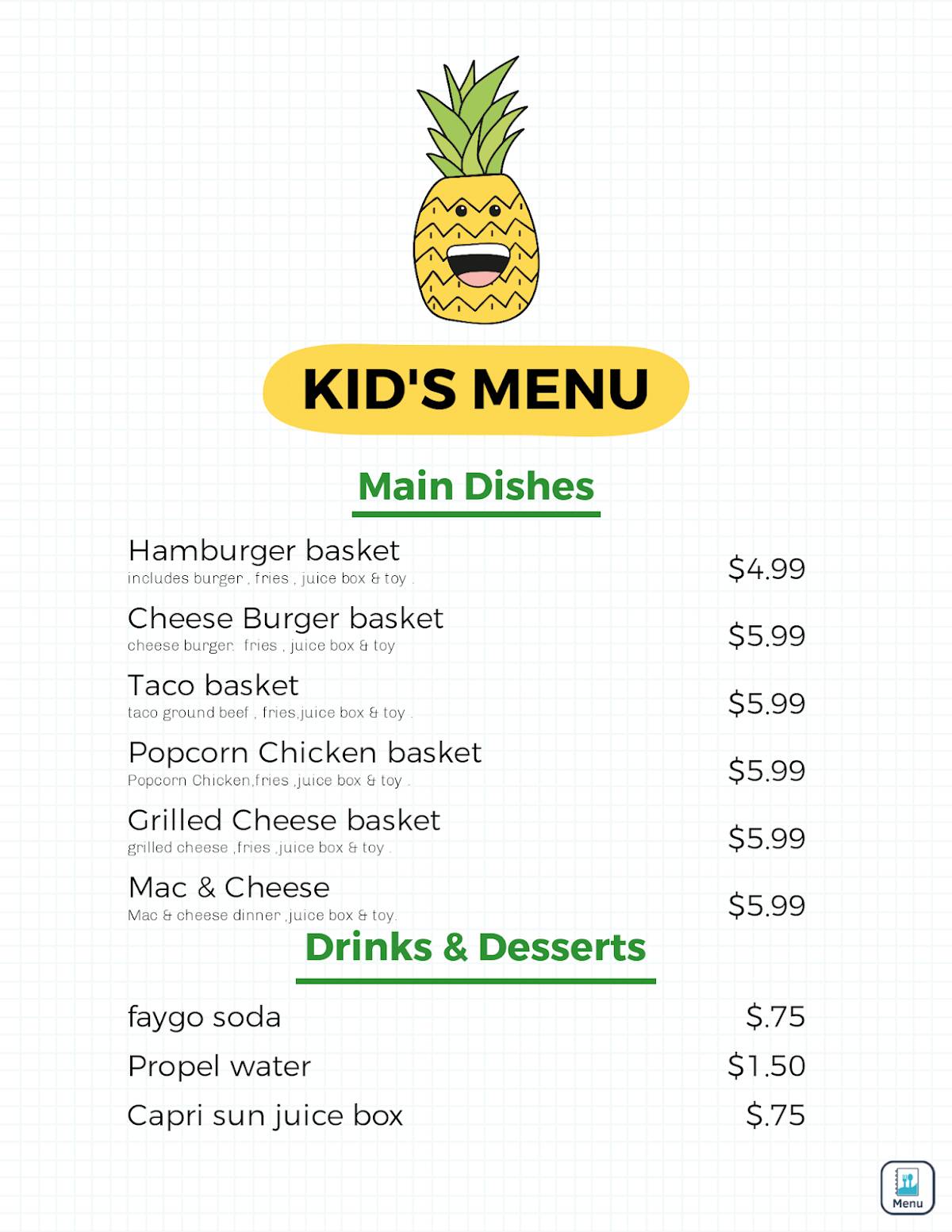 Menu at Chef Taco Todd @ T.O.P. Tabernacle of Praise inc. restaurant, War
