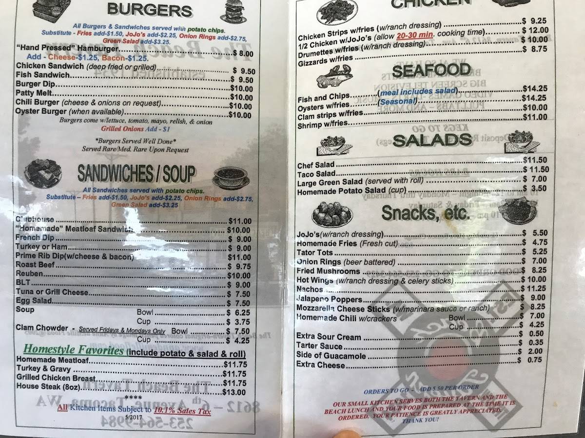 Menu at Beach Tavern pub & bar, Tacoma
