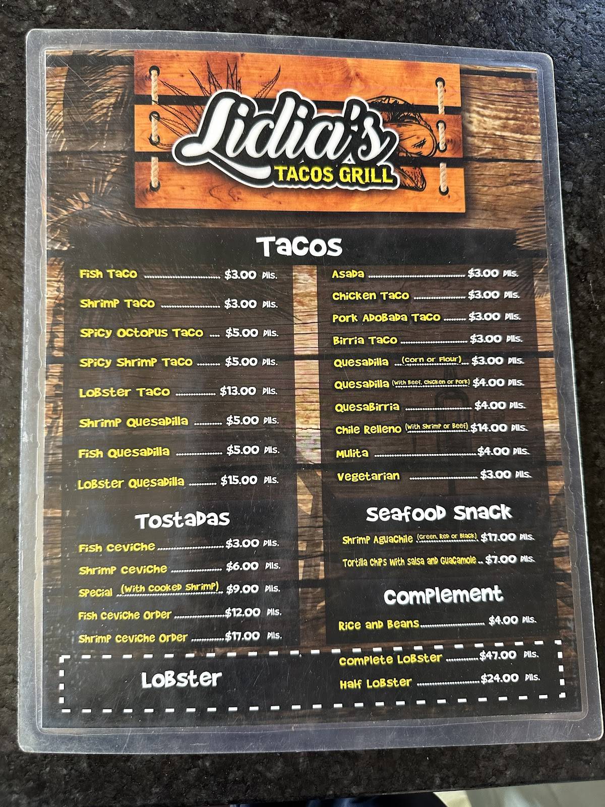 Menu at Tacos Lidia restaurant, Ensenada, BC 23