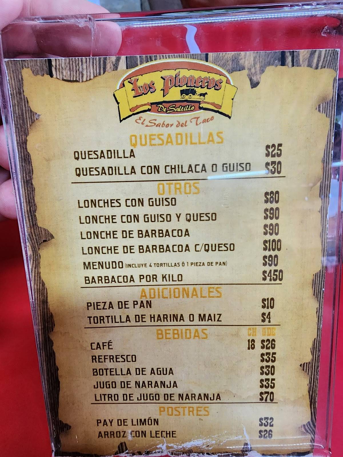 Carta del restaurante Tacos Los Pioneros, Saltillo, Blvd. Moctezuma 2065