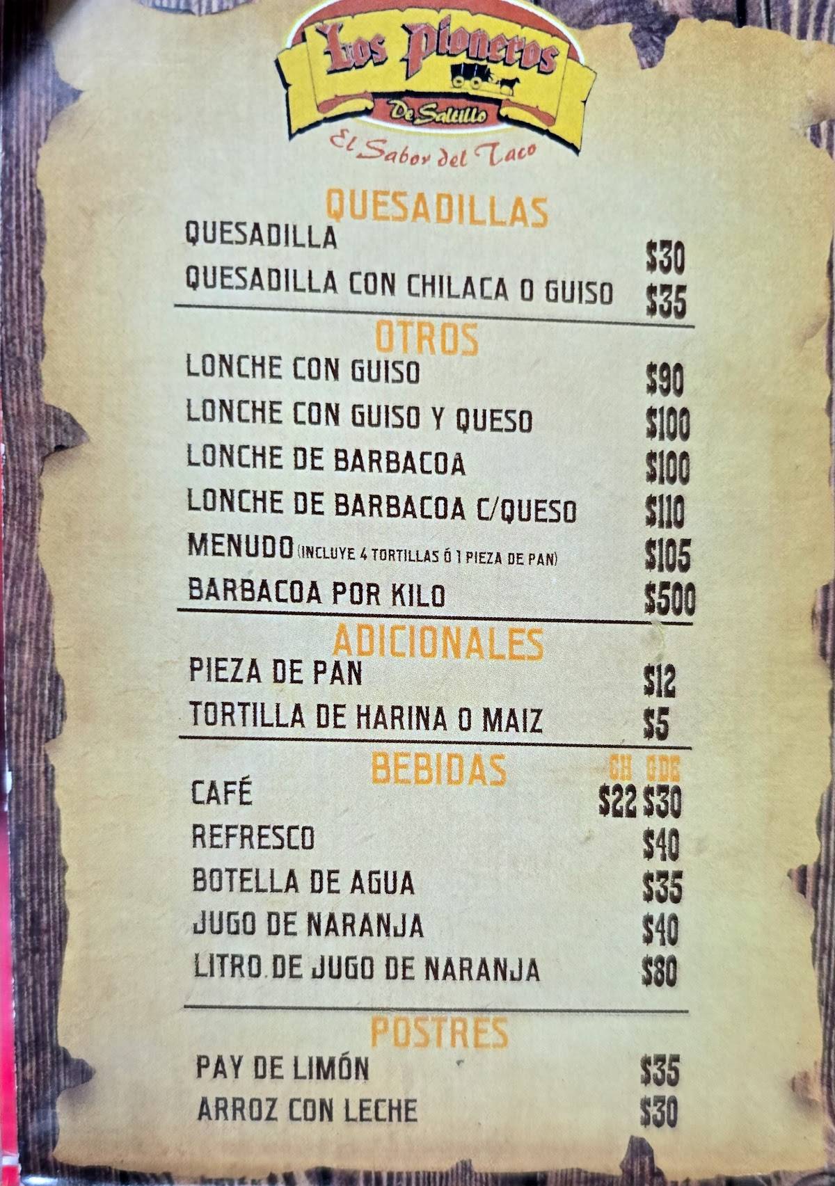 Carta del restaurante Tacos Los Pioneros, Saltillo, Blvd. Moctezuma 2065