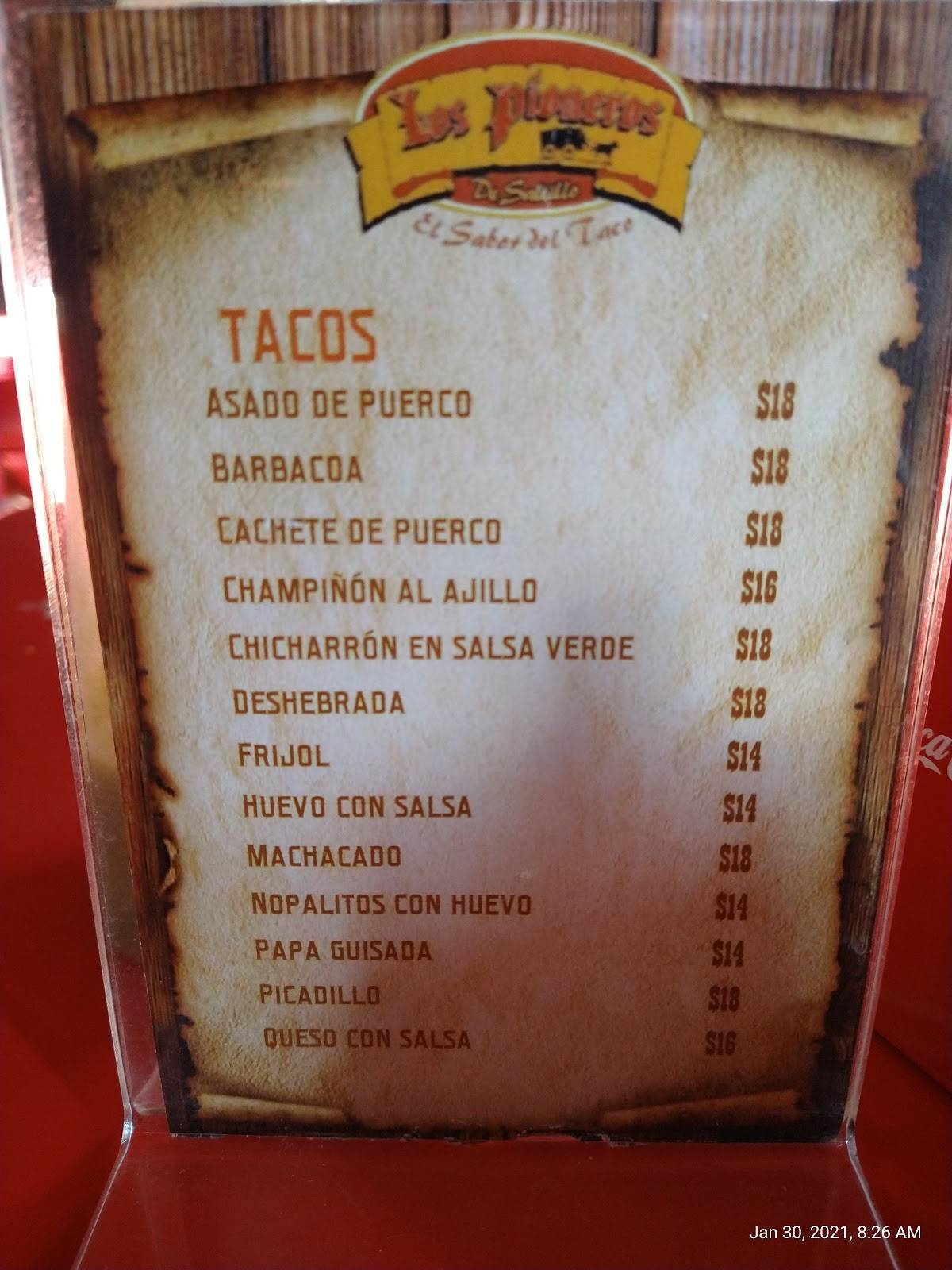 Carta del restaurante Tacos Los Pioneros, Saltillo, Blvd. Moctezuma 2065
