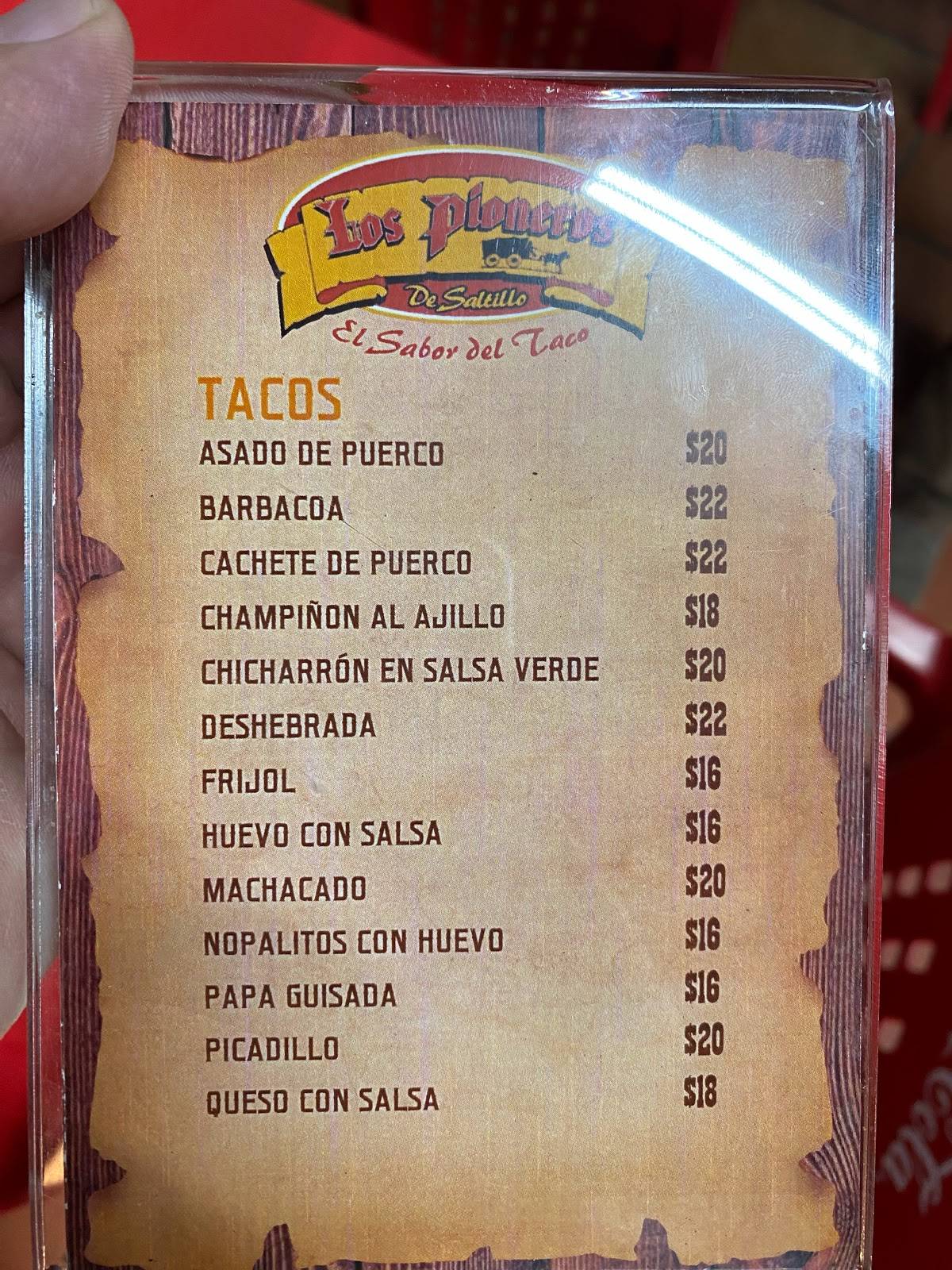 Carta del restaurante Tacos Los Pioneros, Saltillo, Blvd. Moctezuma 2065
