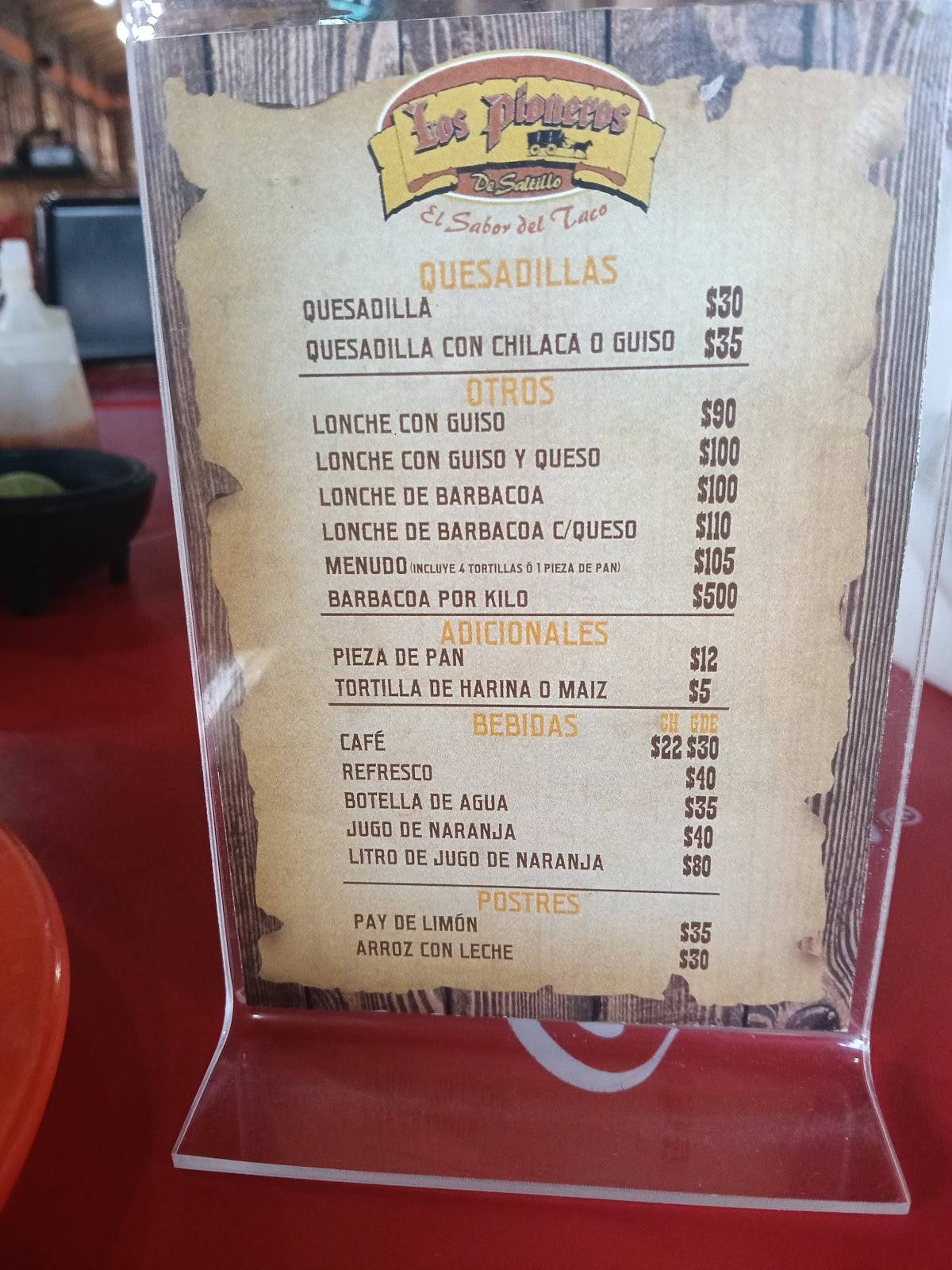 Menu at Tacos Los Pioneros restaurant, Ramos Arizpe, Lic. Gustavo Díaz ...