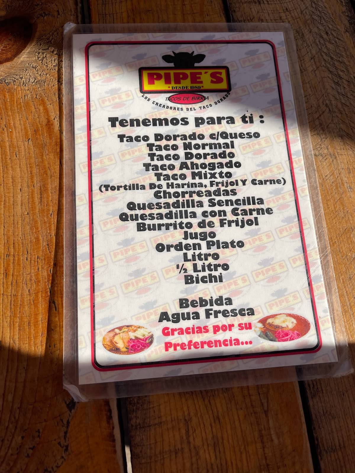 Carta del restaurante Tacos pipe’s, San Carlos