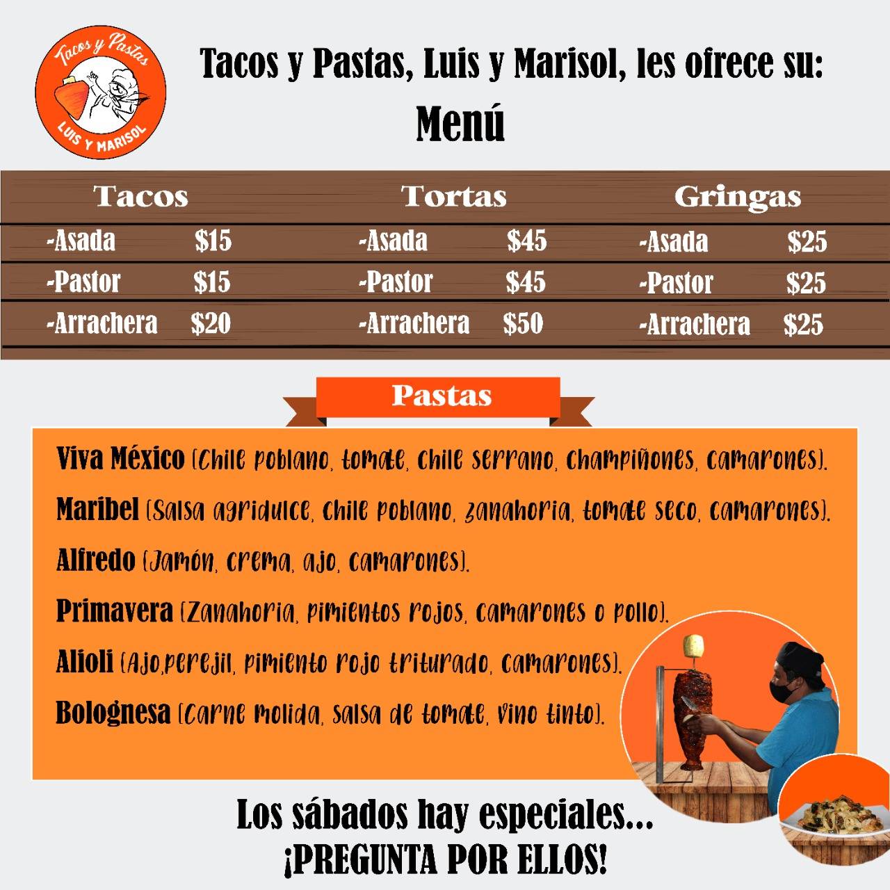 Menu at Tacos y Pastas, Luis y Marisol restaurant, Akumal