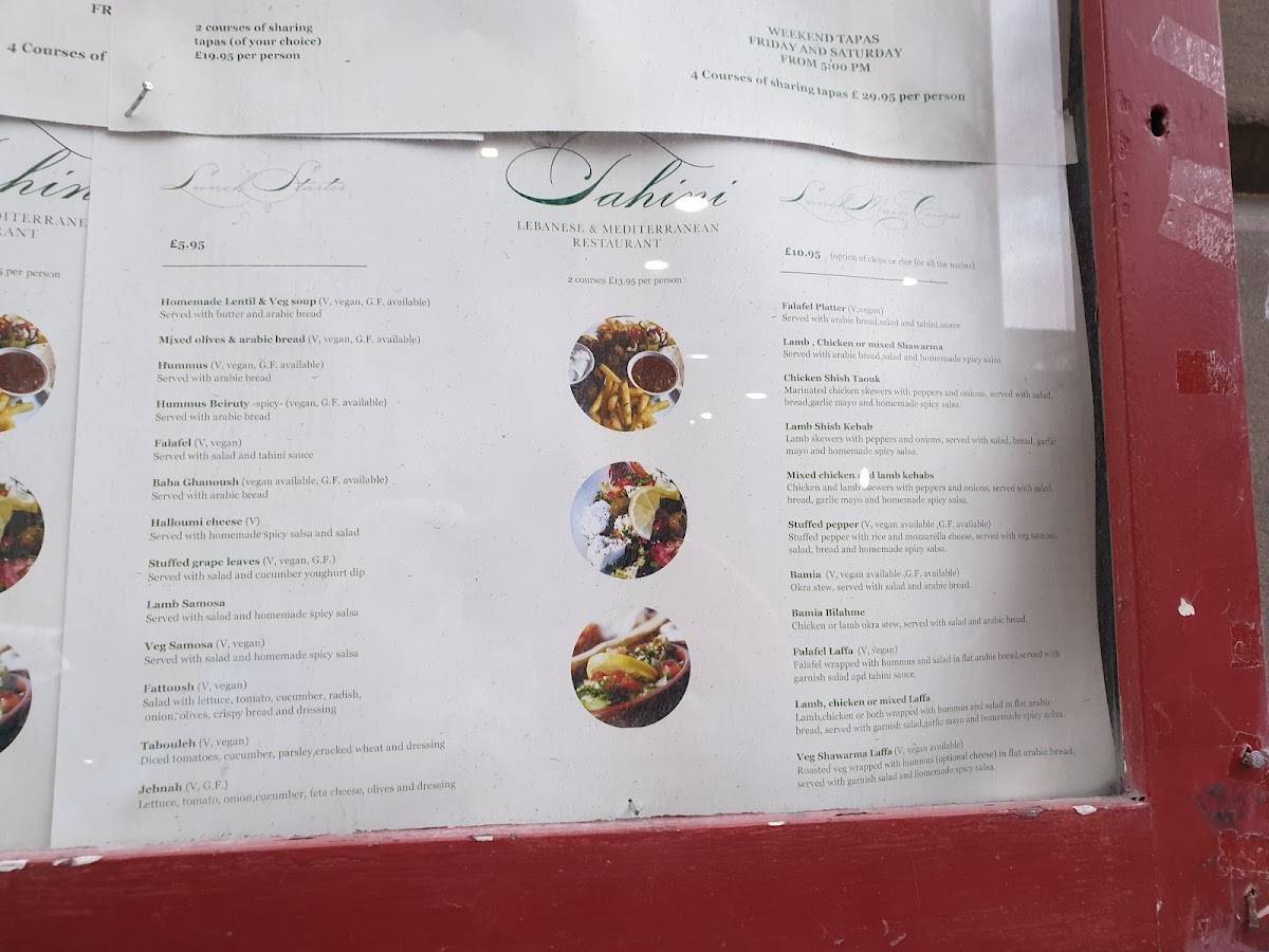 Menu at Tahini restaurant, Dundee
