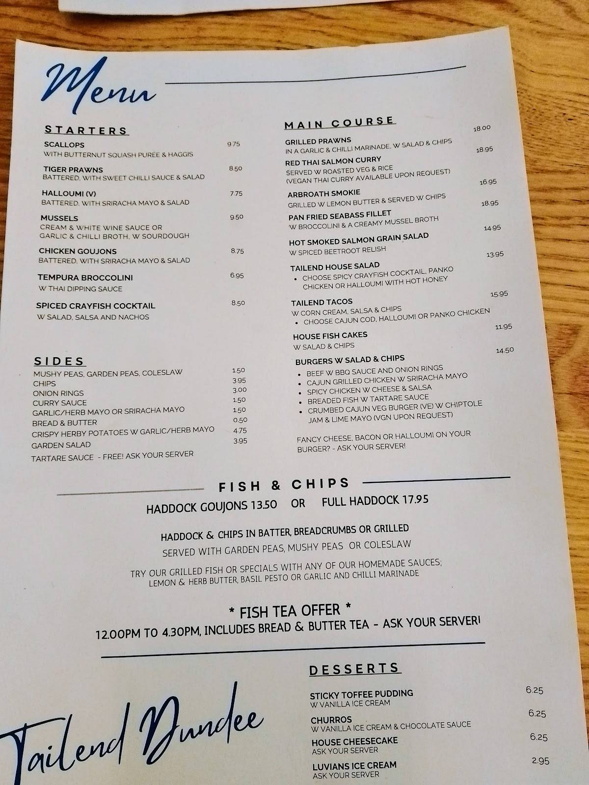 Menu at Tailend fast food, Dundee