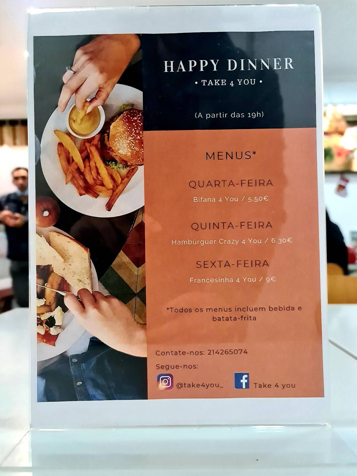Menu em Take 4 You restaurante, Belas