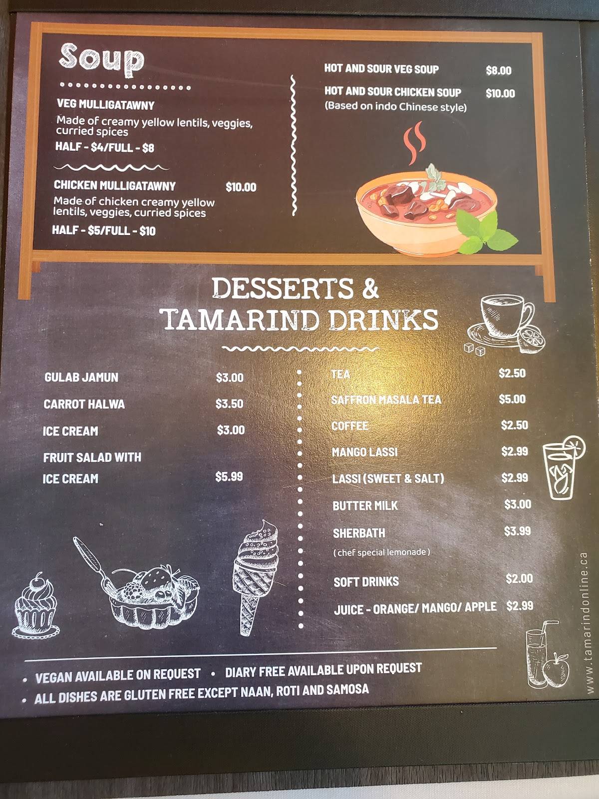 Menu au Tamarind Saskatoon desserts, Saskatoon