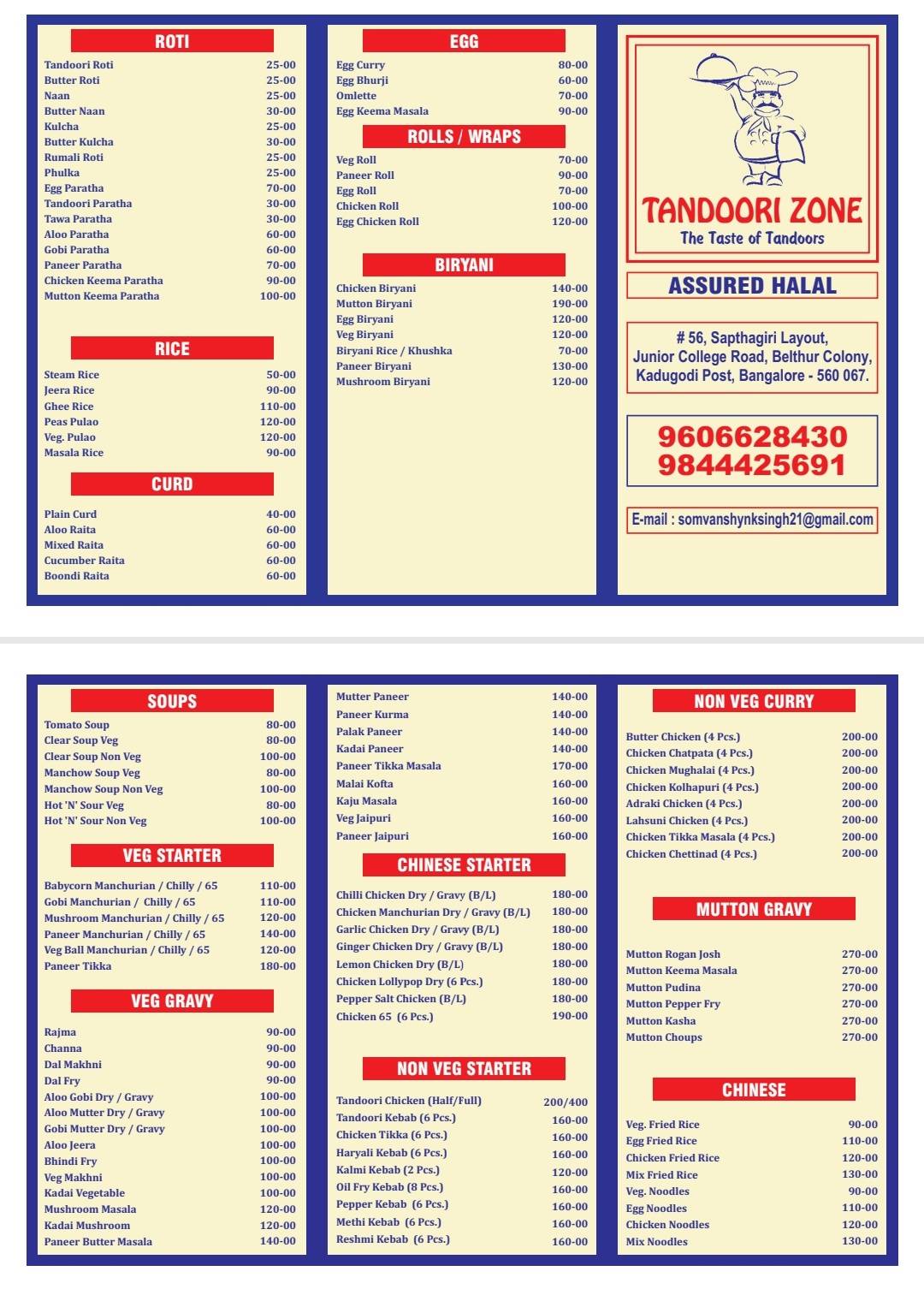 Menu at Tandoori Zone, Bengaluru, 56