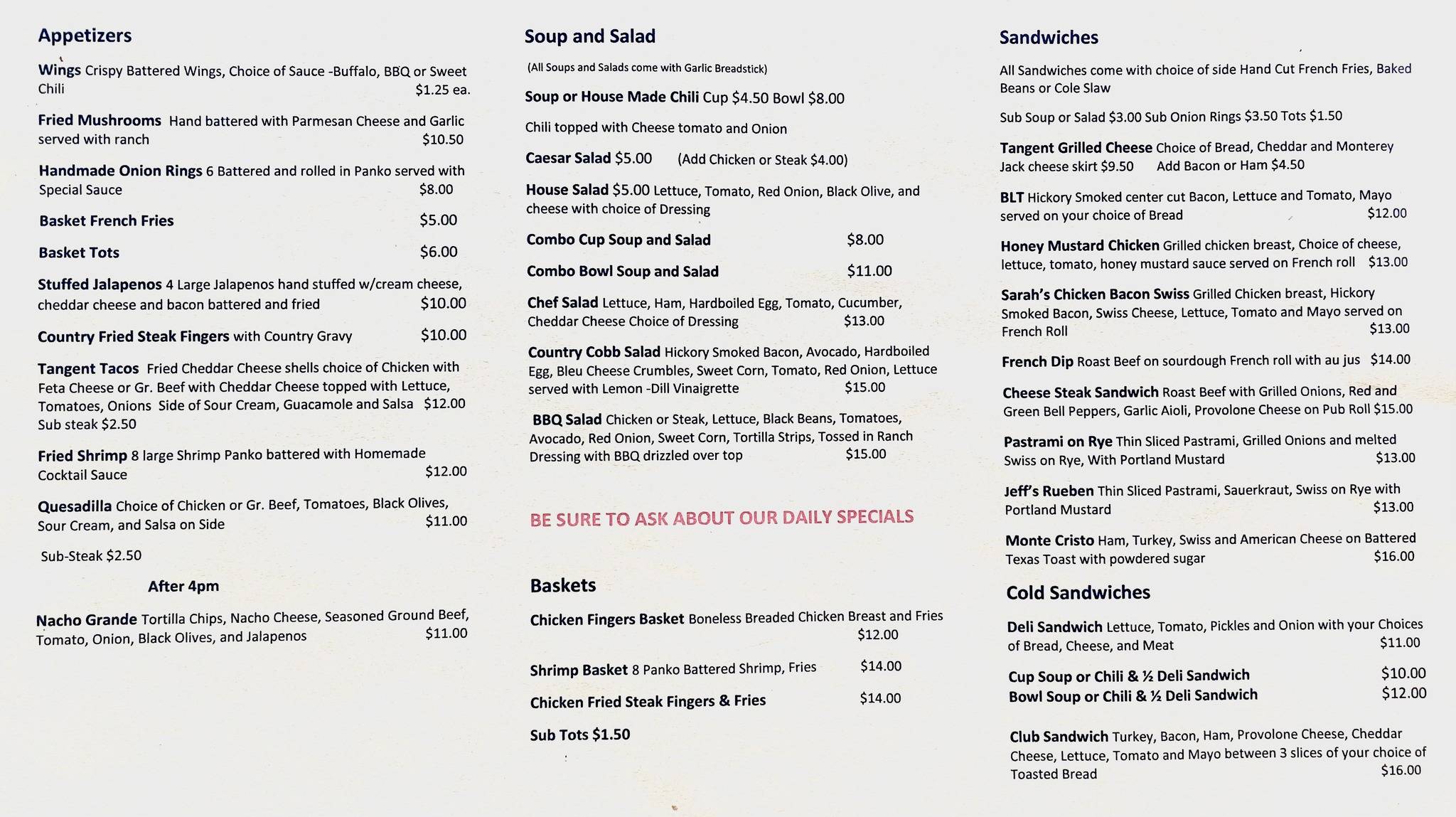 Menu at Dixie creek saloon pub & bar, Tangent
