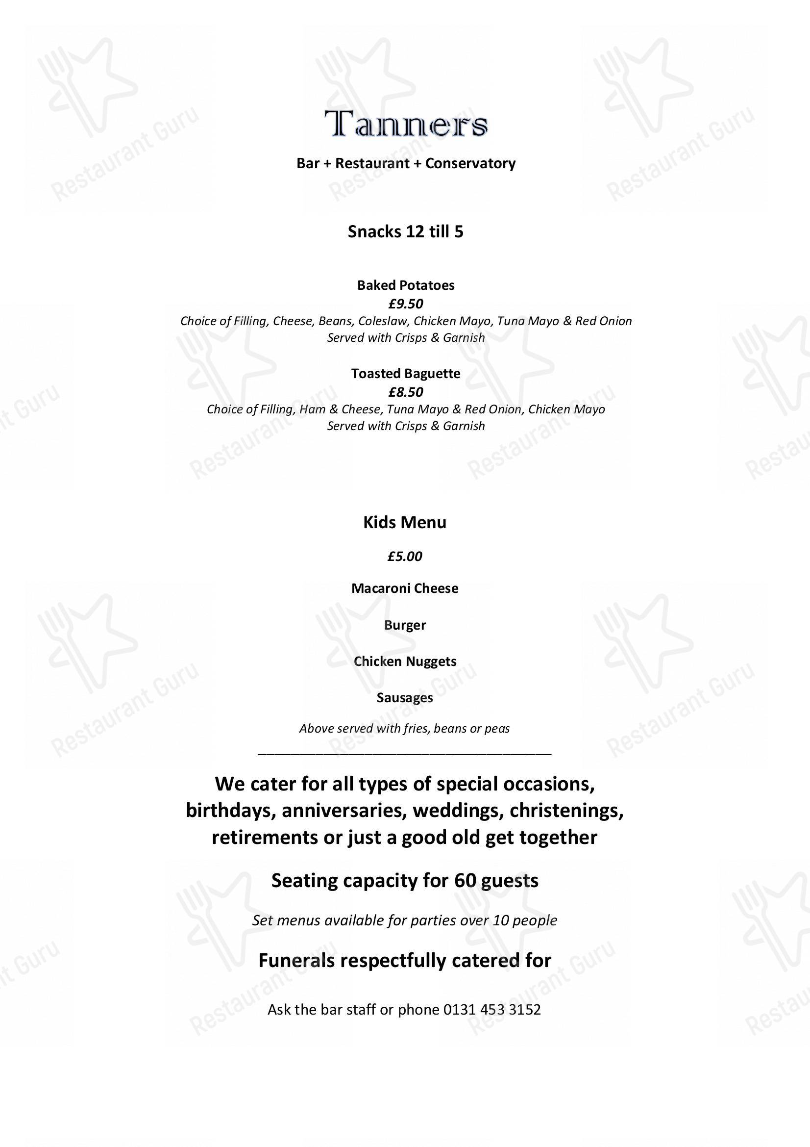 Menu at Tanners Lounge Bar, Restaurant & Function Suite, Edinburgh