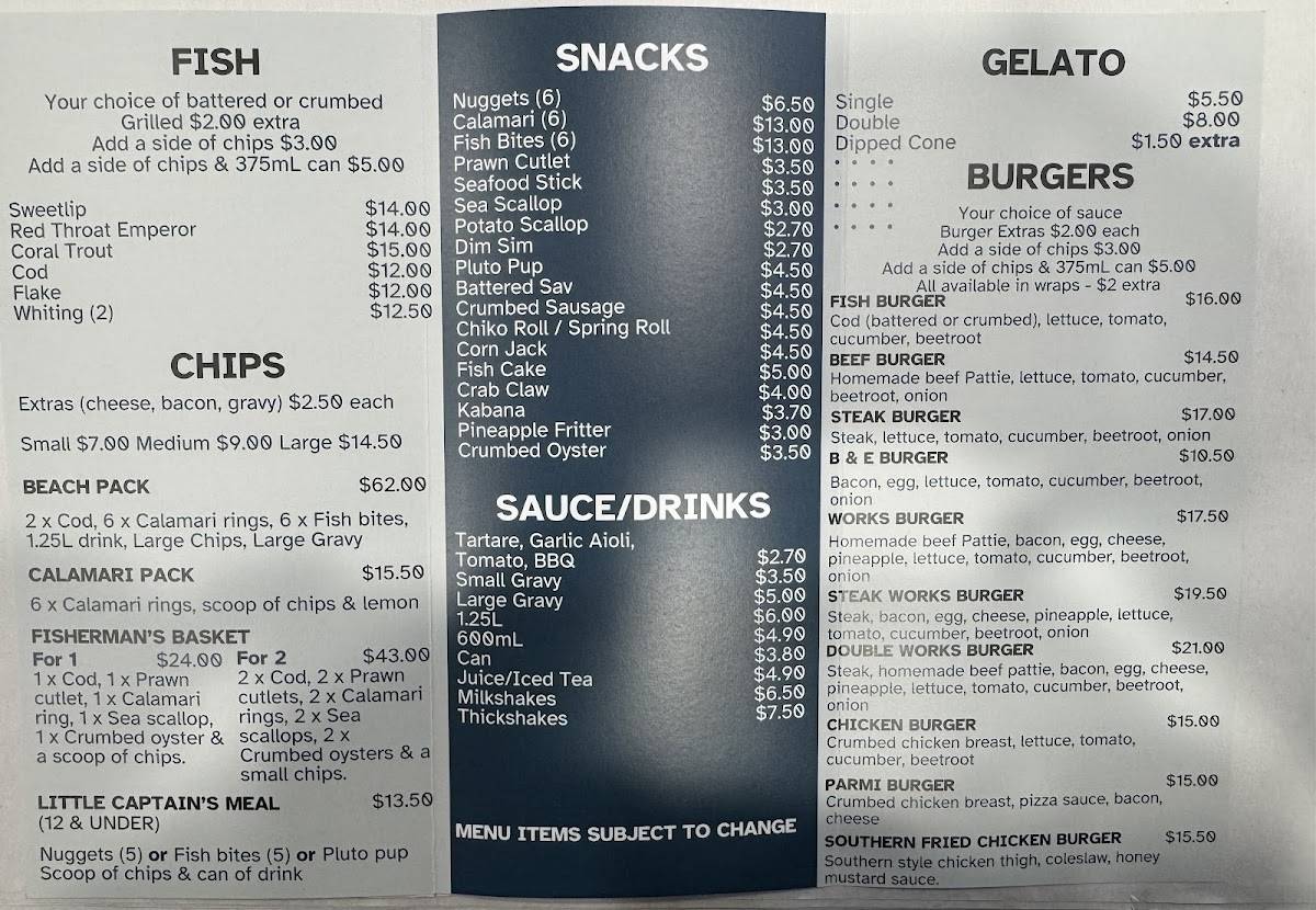 Menu at Tannum Beach Fish & Chips fast food, Tannum Sands