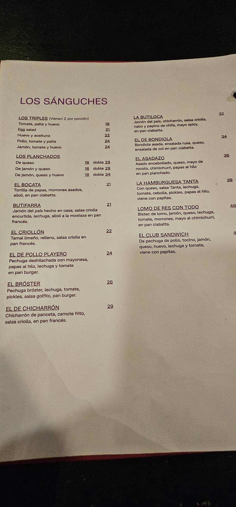 Carta del restaurante Tanta, Jesus Maria, Av. Gral. Salaverry 2370