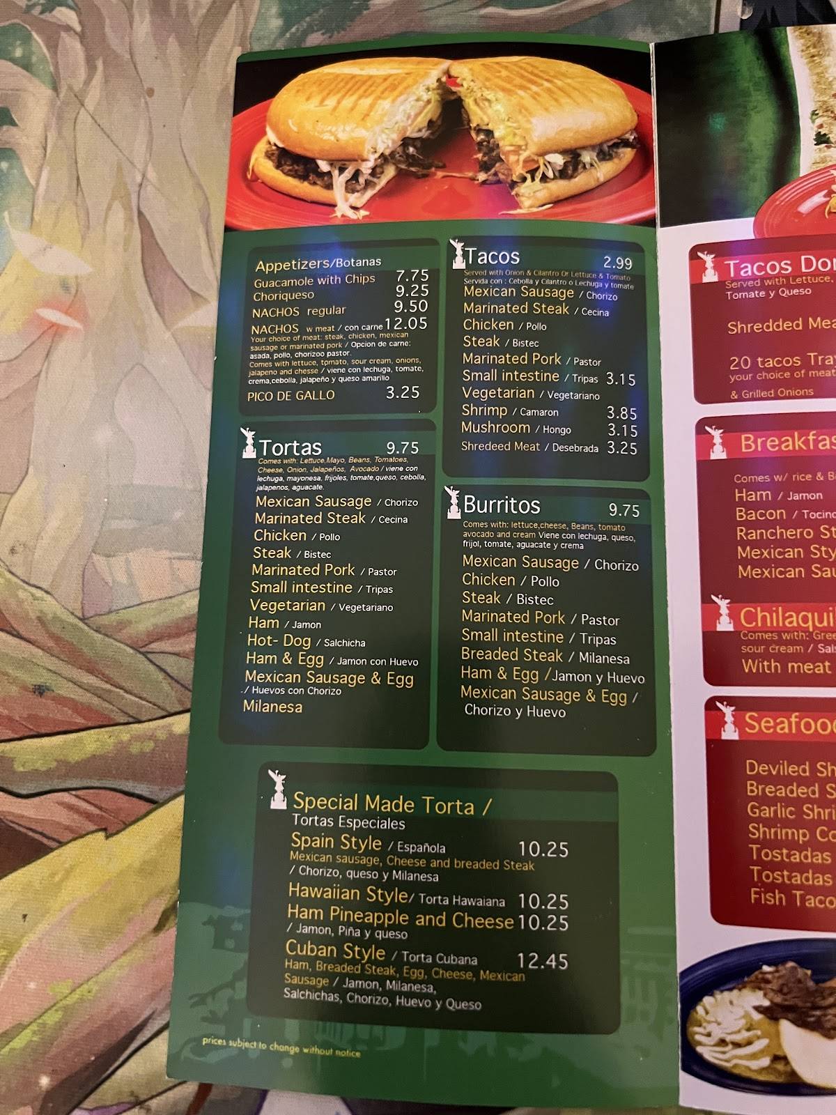 Menu at Taqueria El Sazon restaurant, Batavia