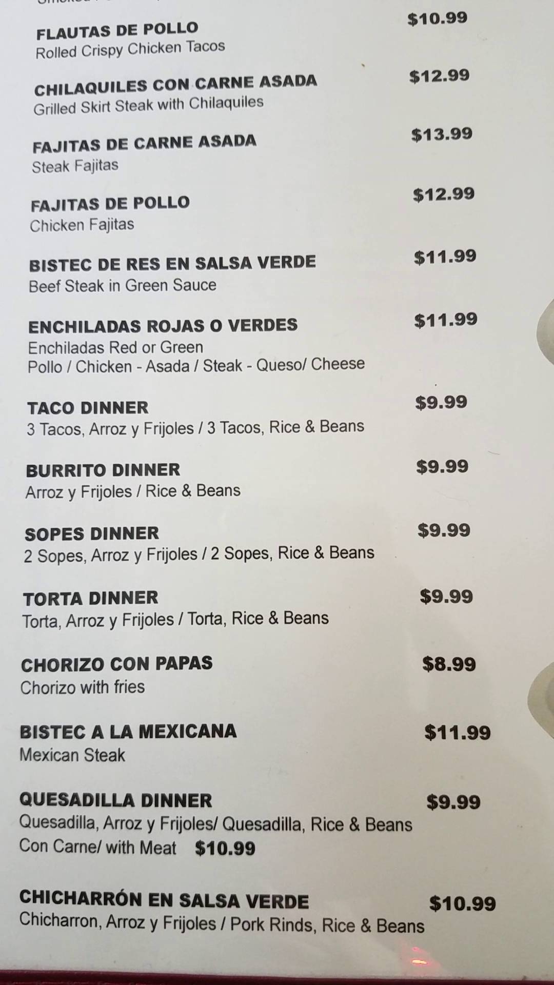 Menu at Taqueria El Toreo restaurant, Bensenville, 217 W Grand Ave