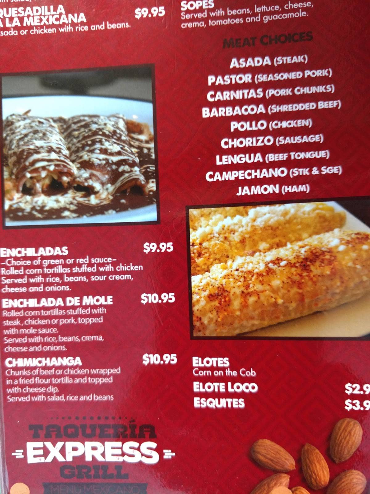 Menu at Taqueria Express restaurant, Charlotte, Albemarle Rd