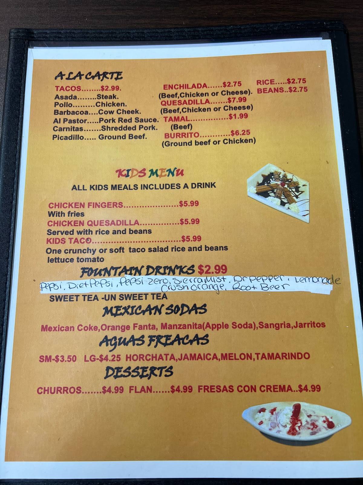 Menu at Taqueria los Sánchez restaurant, Lake Charles