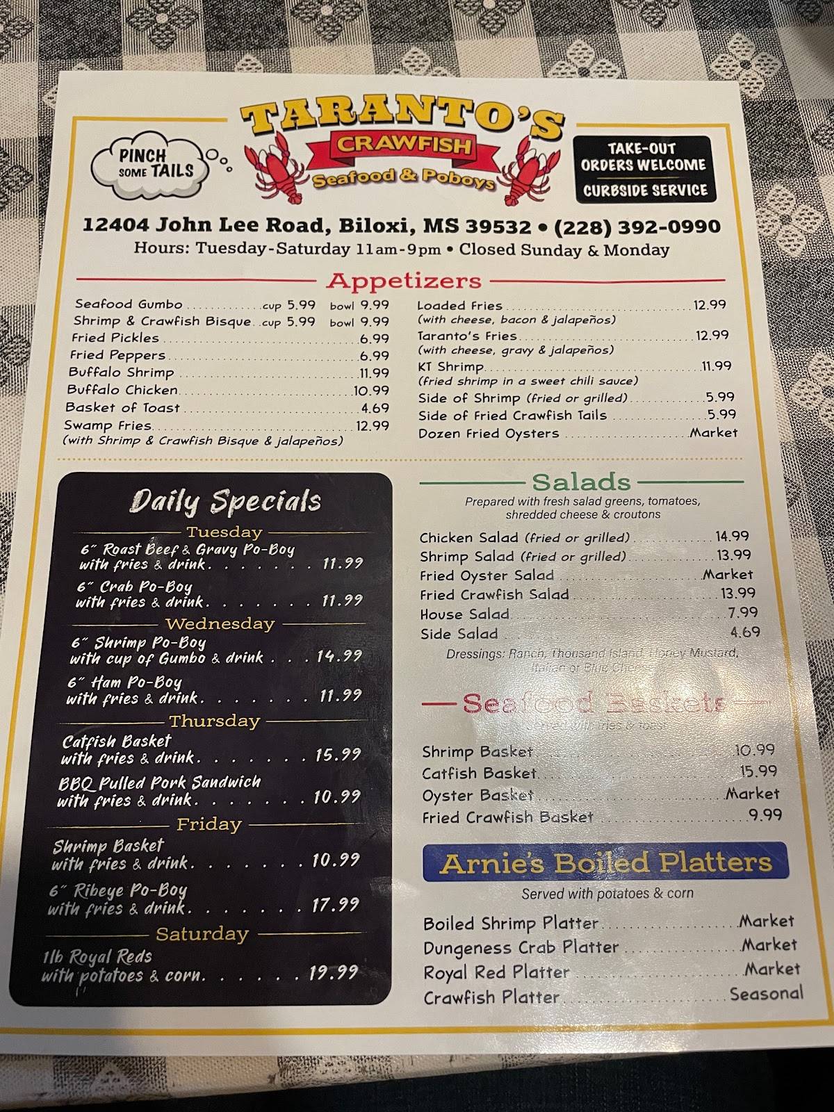 Menu at Taranto's Crawfish restaurant, Biloxi
