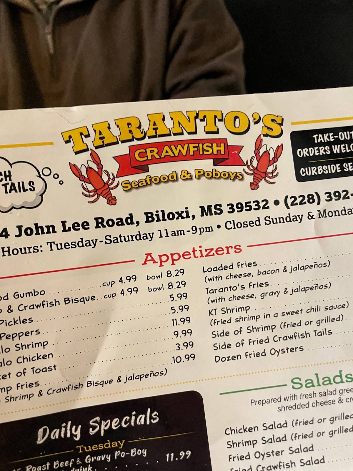 Menu at Taranto's Crawfish restaurant, Biloxi
