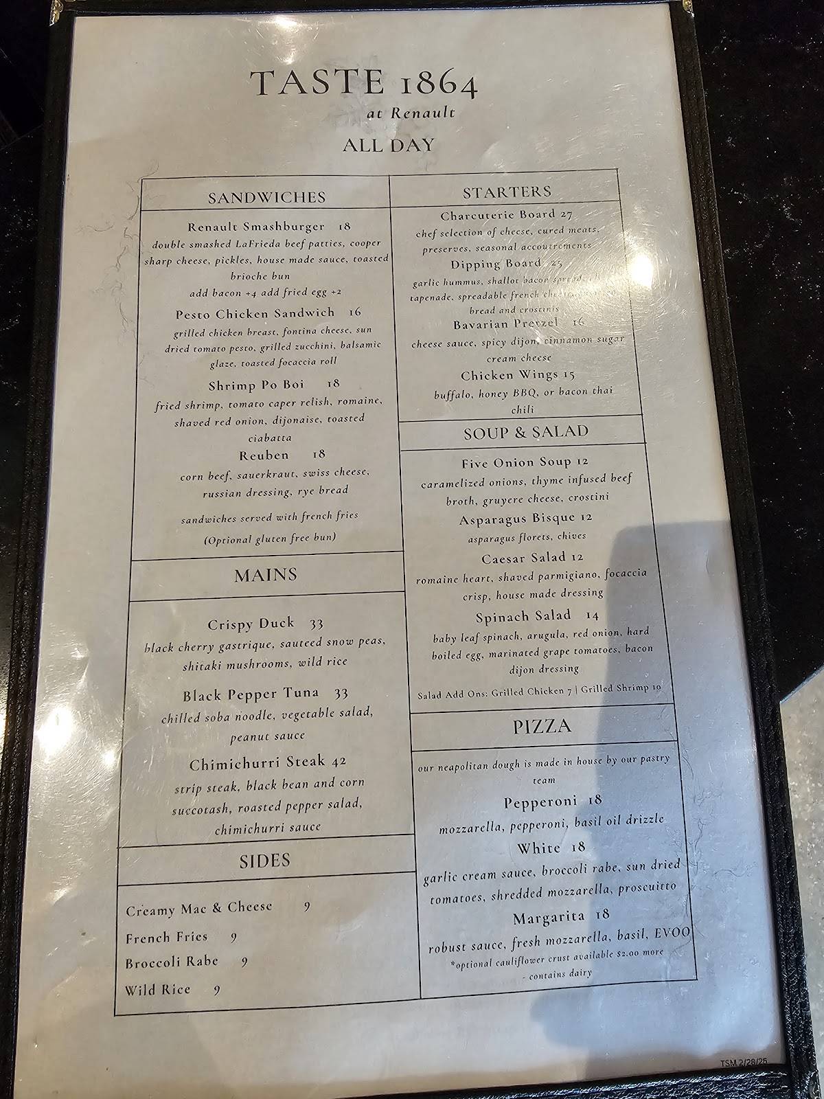 Menu at Taste 1864 restaurant, Egg Harbor City