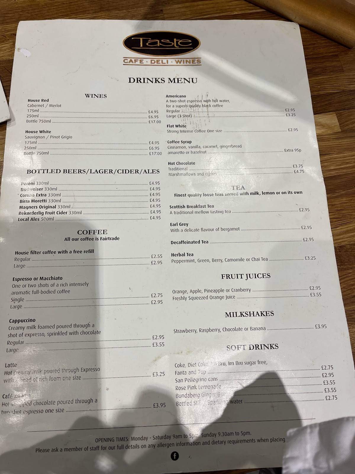 Menu at Taste cafe, Linlithgow