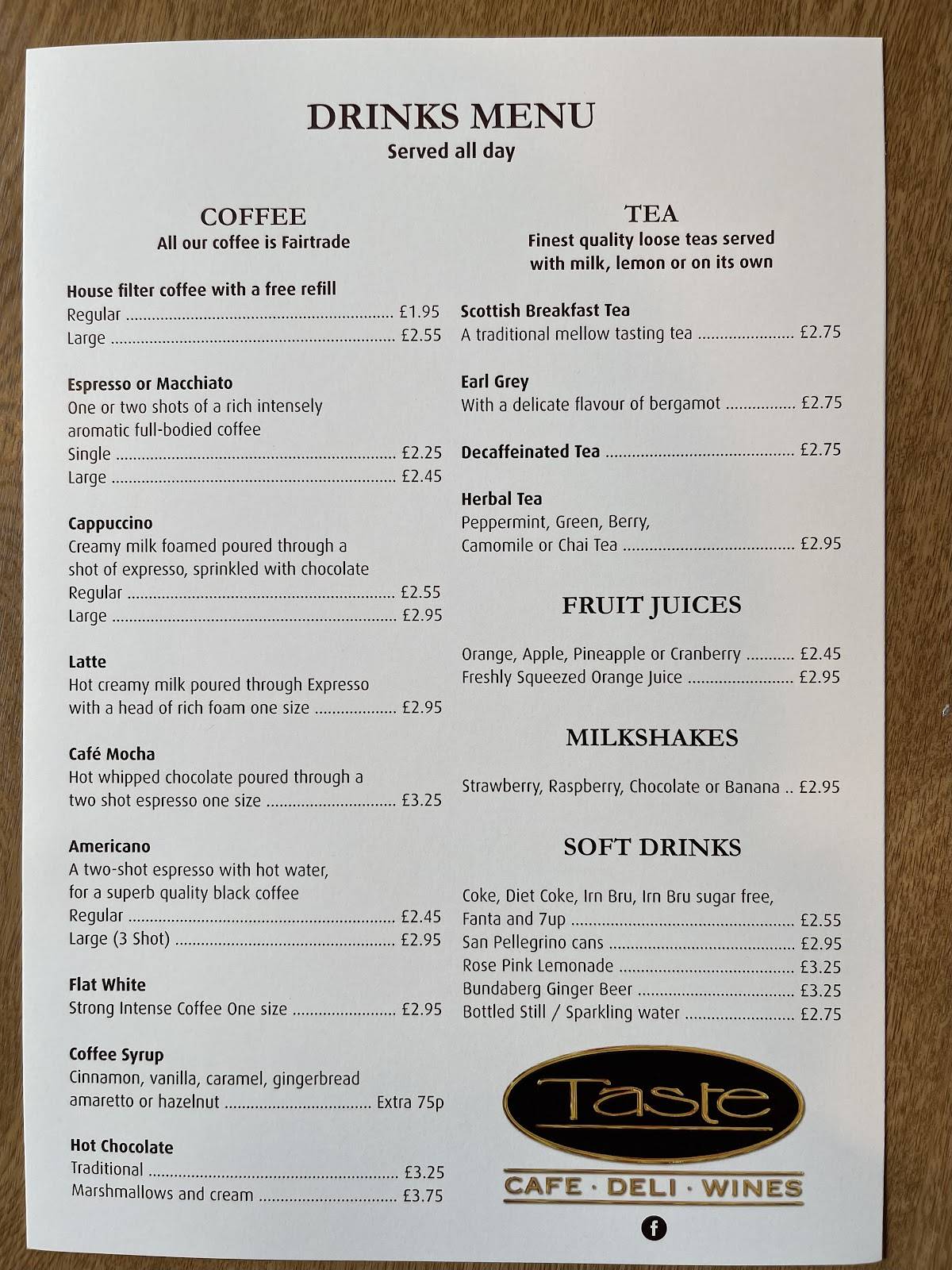 Menu at Taste cafe, Linlithgow