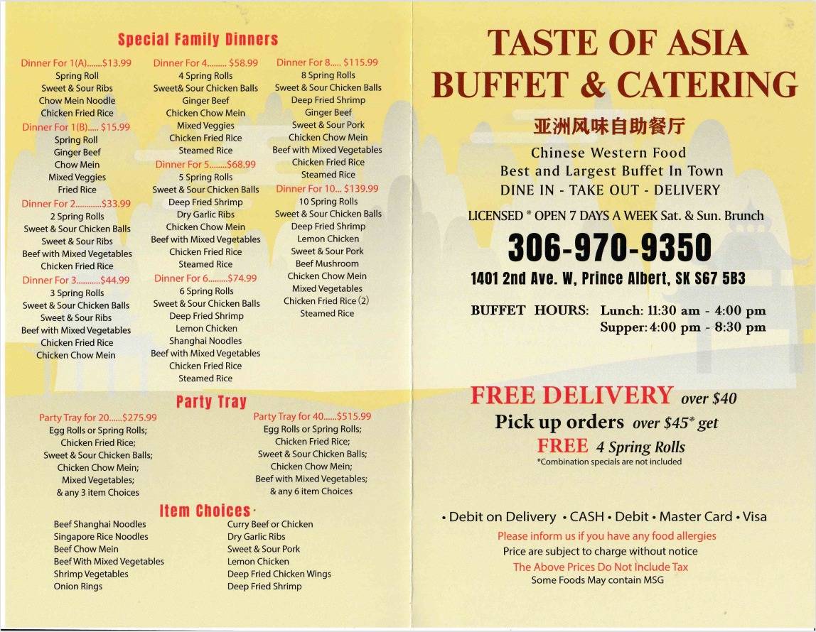 Menu at Taste Of Asia Buffet restaurant, Prince Albert