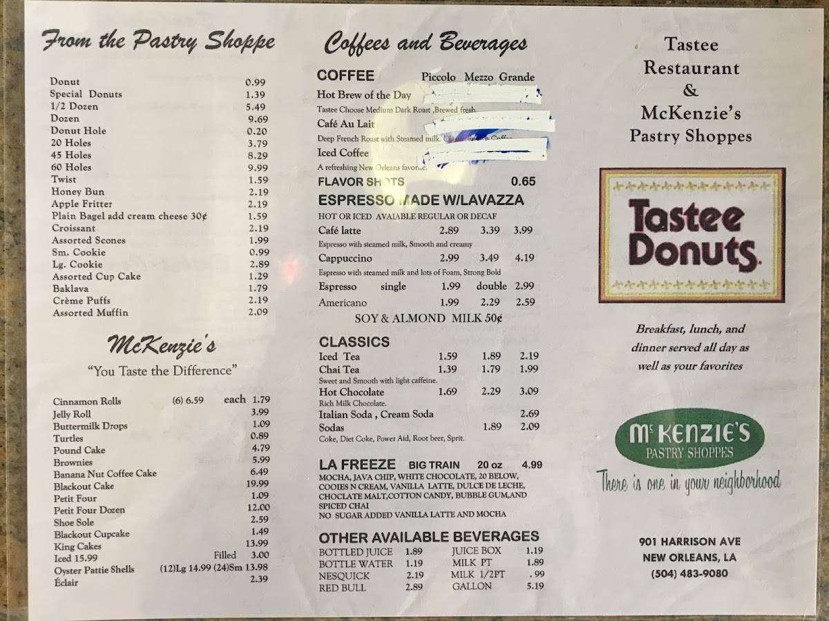 Menu at Tastee Restaurant, New Orleans, 901 Harrison Ave