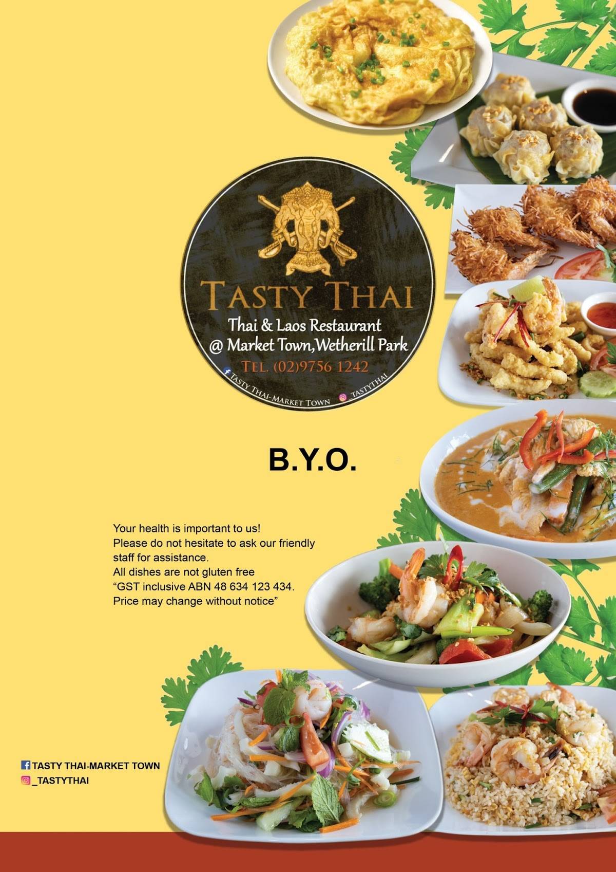 Menu at Tasty Thai restaurant, Wetherill Park