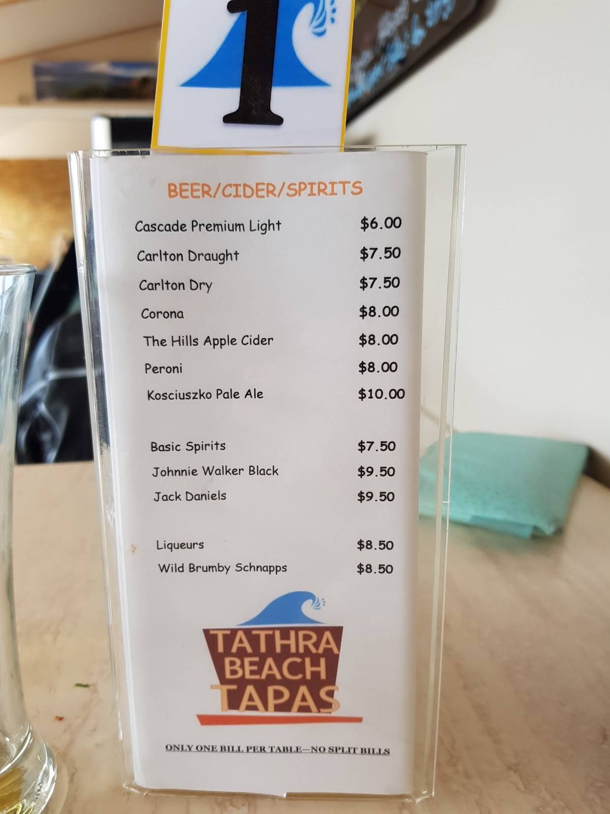 Menu at Tathra Beach Tapas restaurant, Tathra
