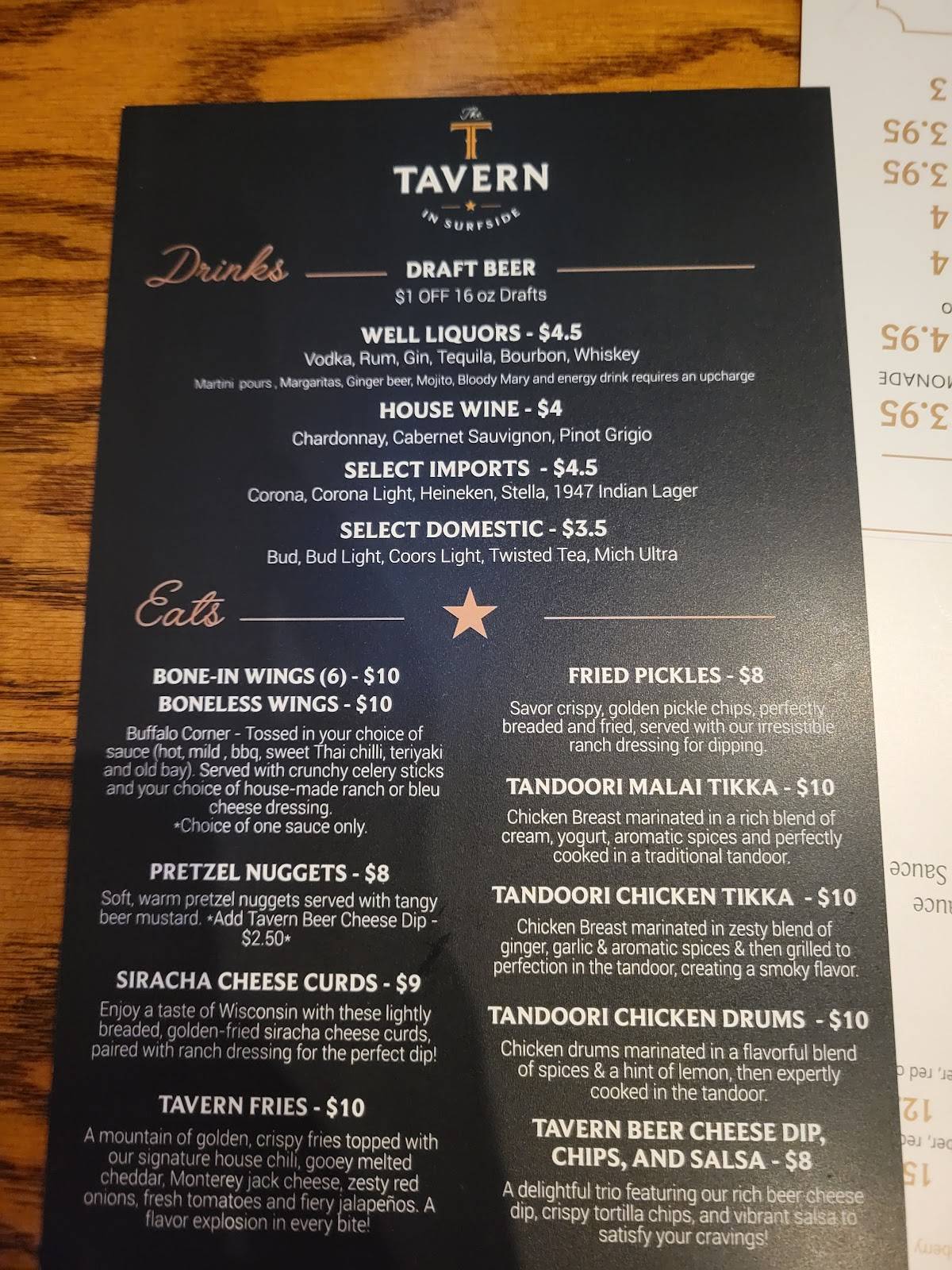 Menu at Tavern In Surfside pub & bar, Myrtle Beach