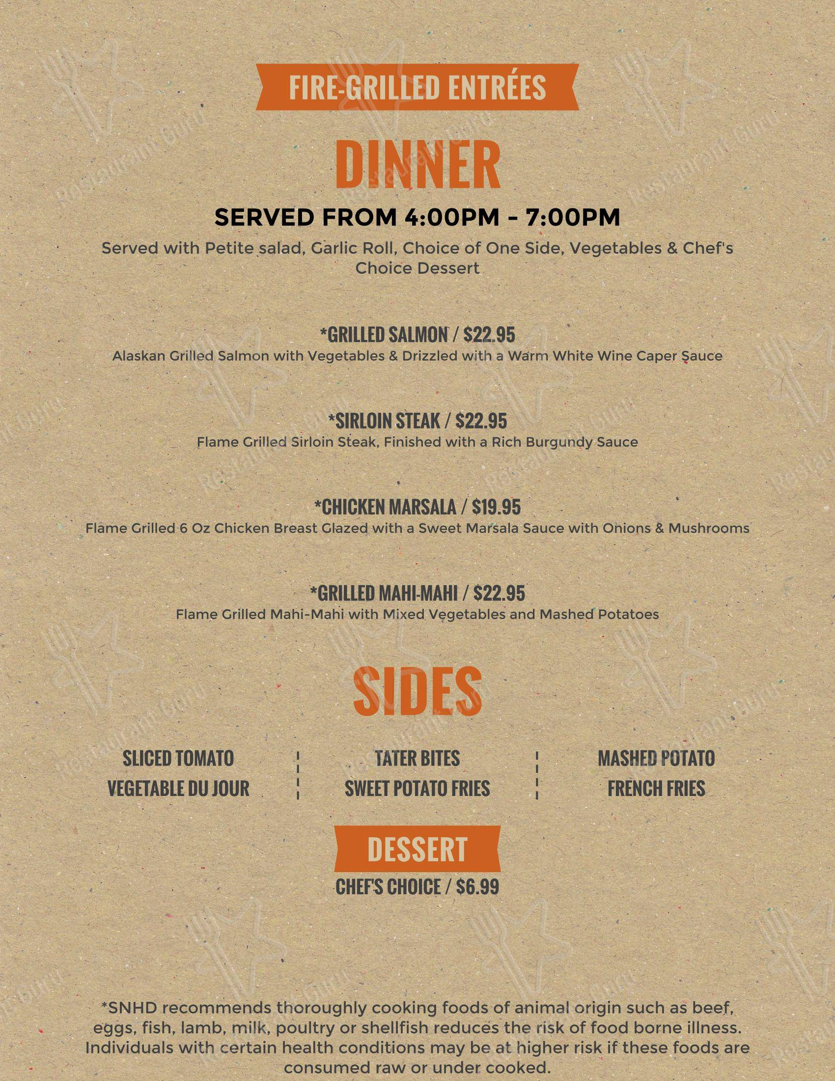 Menu at Tavern at the Falls restaurant, Las Vegas