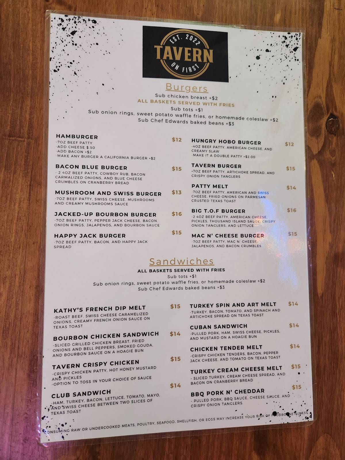 Menu at Tavern on First pub & bar, Little Falls
