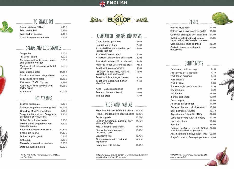 Carta del restaurante El Glop Gaudí, Barcelona