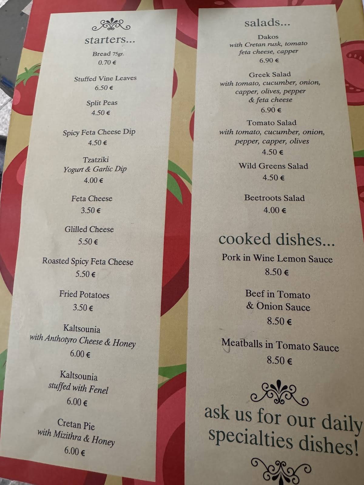 Menu at Taverna Nikitas, Athens, Ag. Anargiron 19