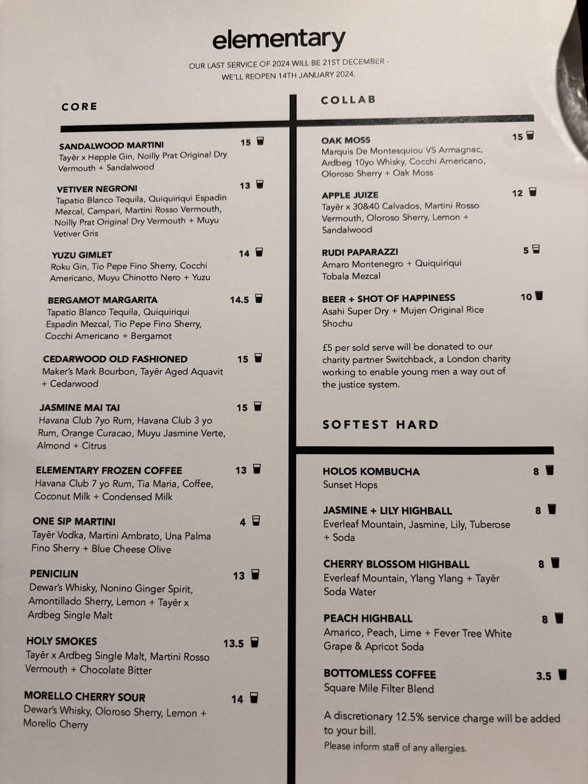 Menu at Tayēr + Elementary pub & bar, London