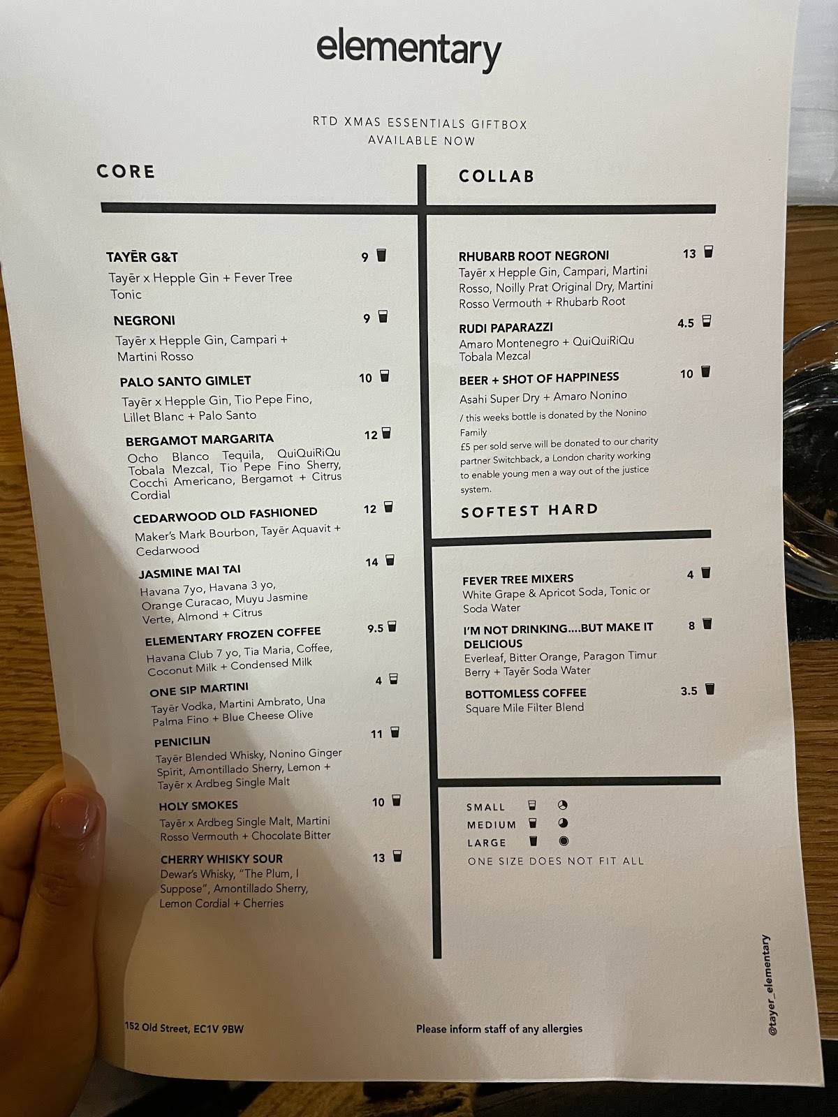 Menu at Tayēr + Elementary pub & bar, London
