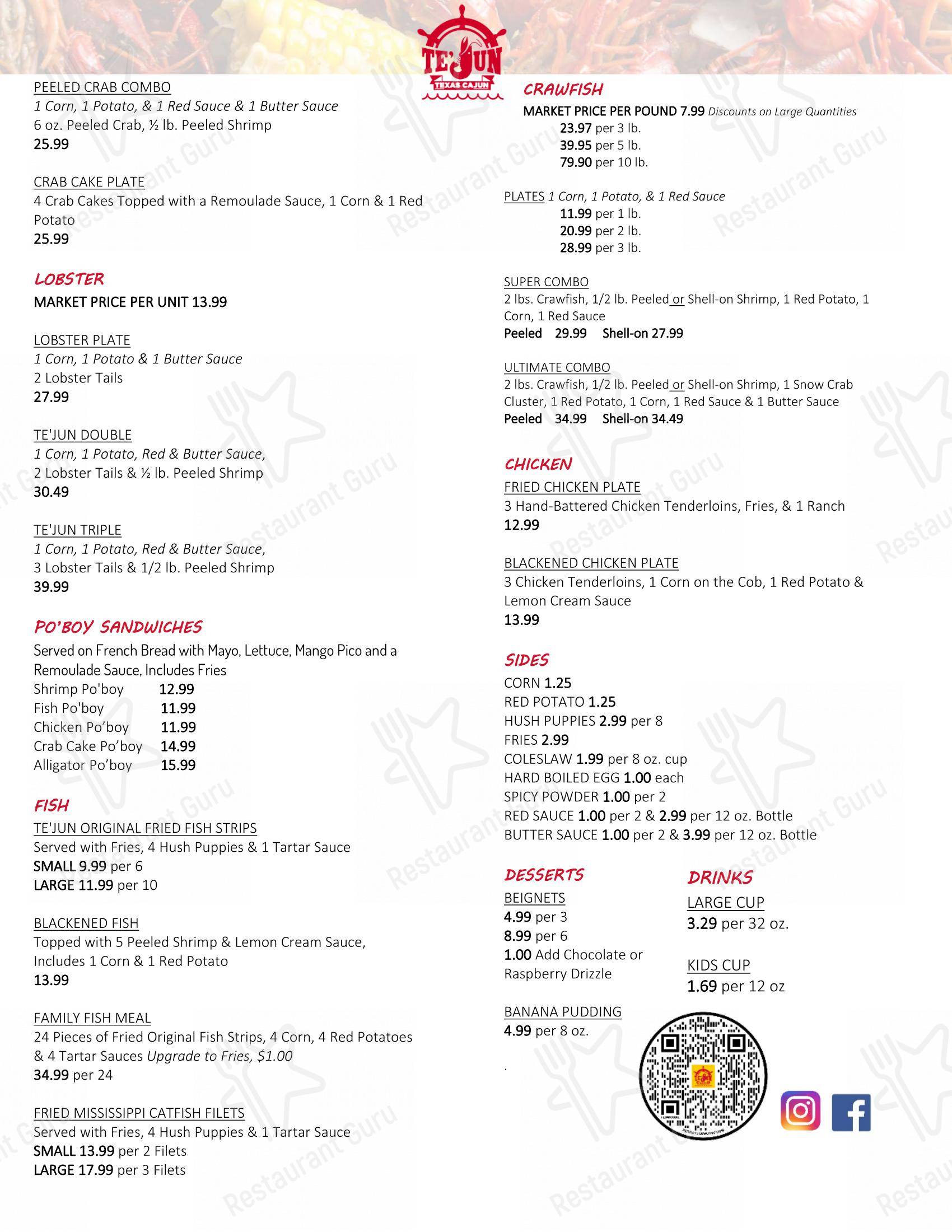 Menu at Te'Jun The Texas Cajun- Red Oak restaurant, Red Oak