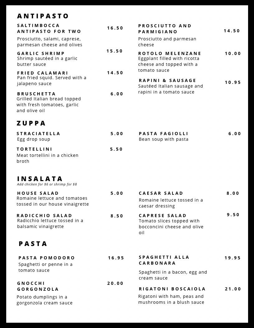Menu at Saltimbocca Ristorante restaurant, Tecumseh
