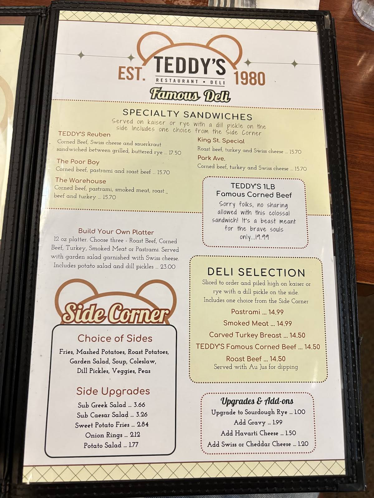 Menu at Teddy's Restaurant & Deli, Oshawa